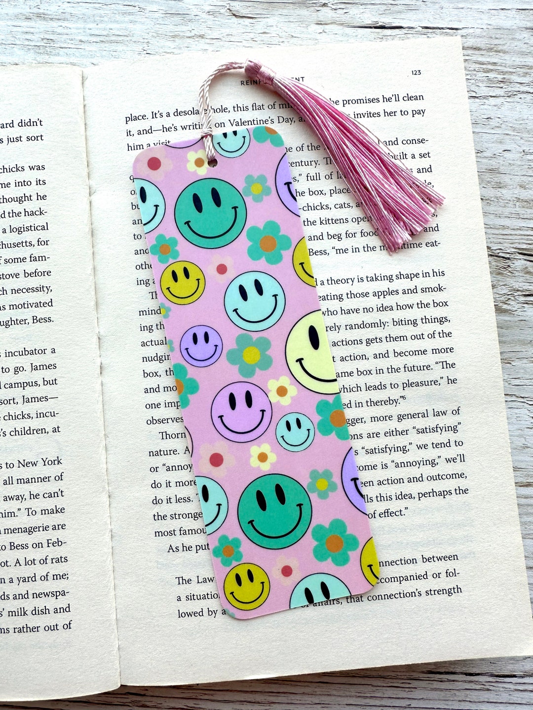Smiley Face and Flowers on Pink Double-sided Laminated Bookmark, Unique ...
