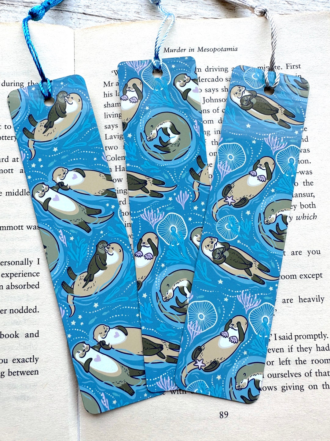 Otter on Grey-blue Bookmark, Metal Bookmark With Tassel, Cute Bookmark ...