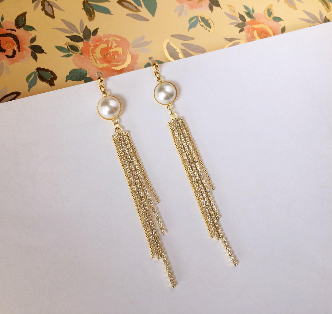 Invisible Clip on Earrings, Diamond-designed Tassel and Pearl Long ...