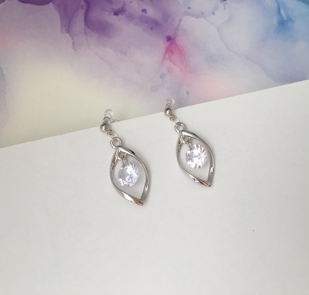 Invisible Clip on Earrings, Diamond Drop in Silver Frame Earrings - Etsy