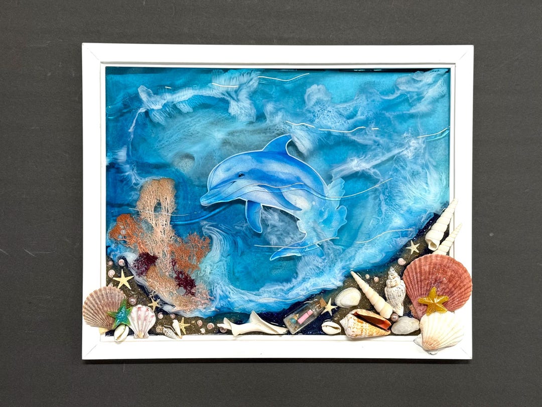 Ocean Resin Art: Dolphin, Seashells, Message in a Bottle - Framed Wall ...