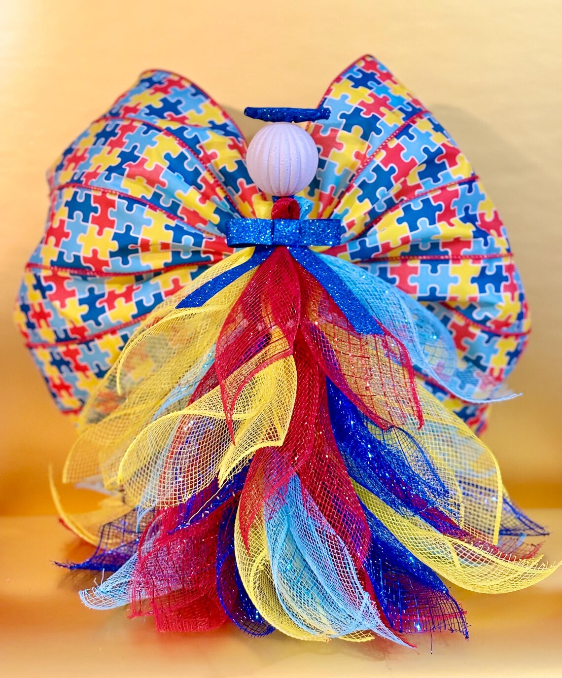 Autism Awareness Angel Figurine: Colorful Deco Mesh, Puzzle Piece Wings ...