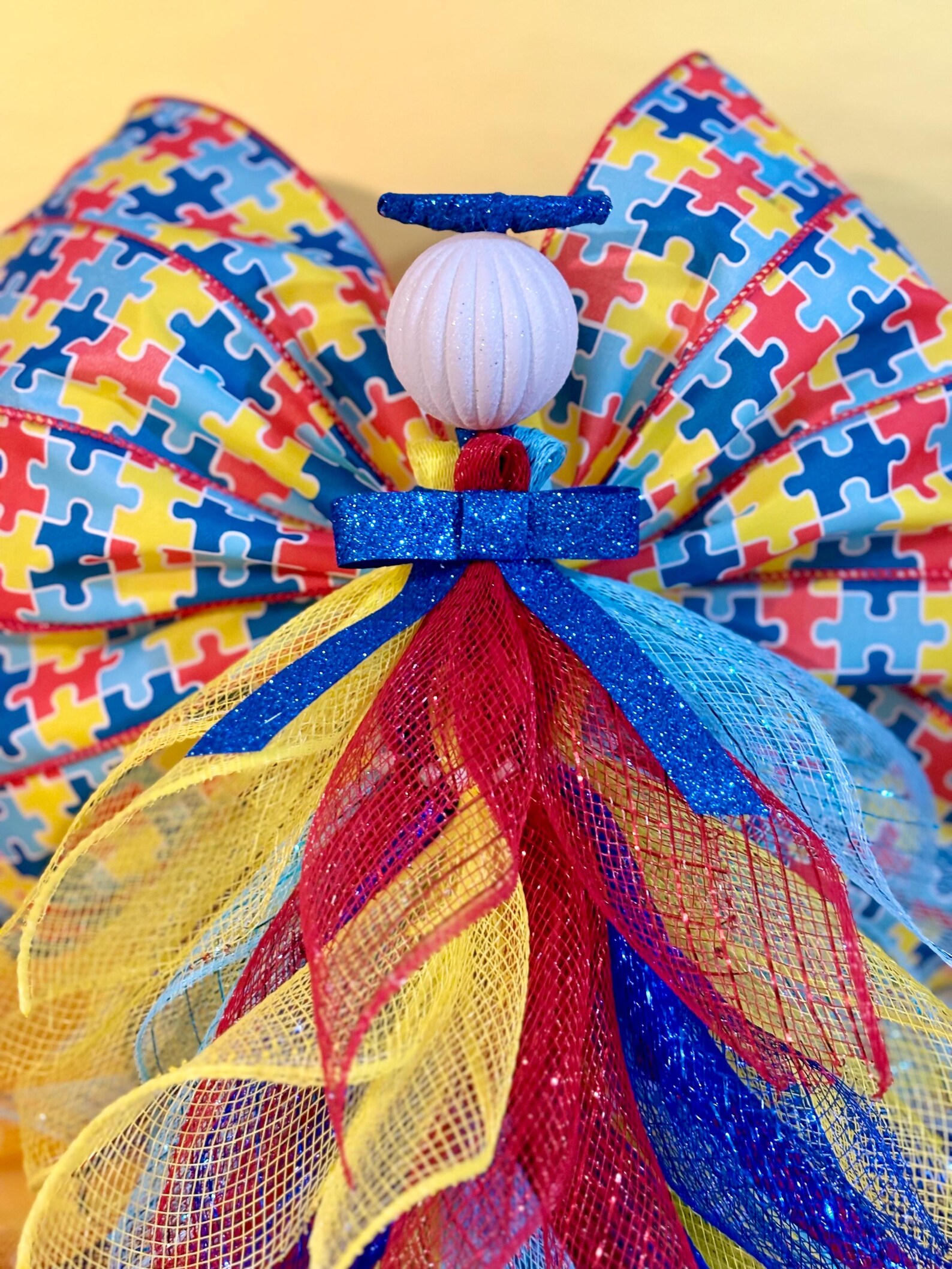 Autism Awareness Angel Figurine: Colorful Deco Mesh, Puzzle Piece Wings ...
