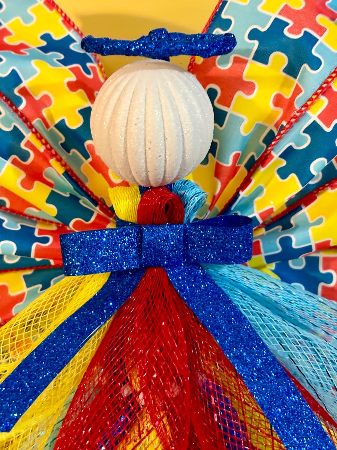 Autism Awareness Angel Figurine: Colorful Deco Mesh, Puzzle Piece Wings ...