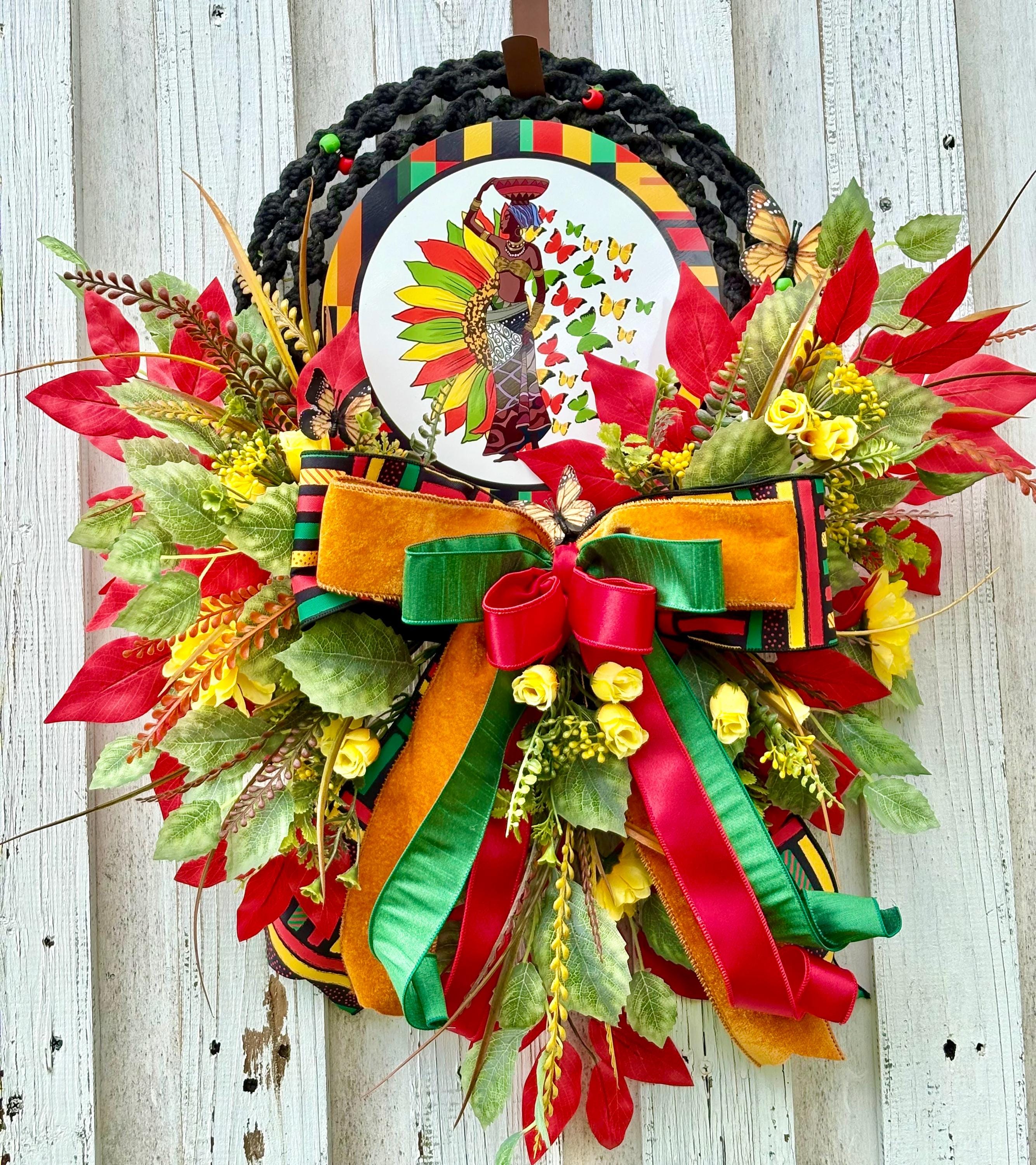Juneteenth Wreath: Cultural Pride, African Woman, Kente Ribbon - Etsy