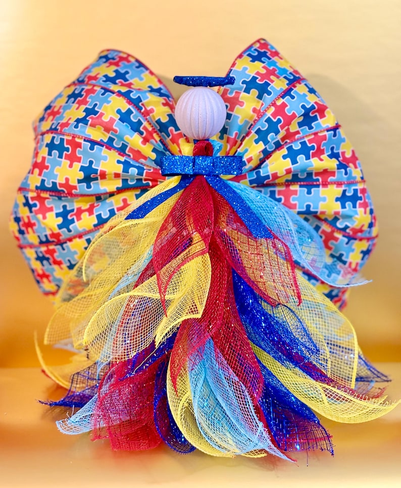 Autism Awareness Angel Figurine: Colorful Deco Mesh, Puzzle Piece Wings ...