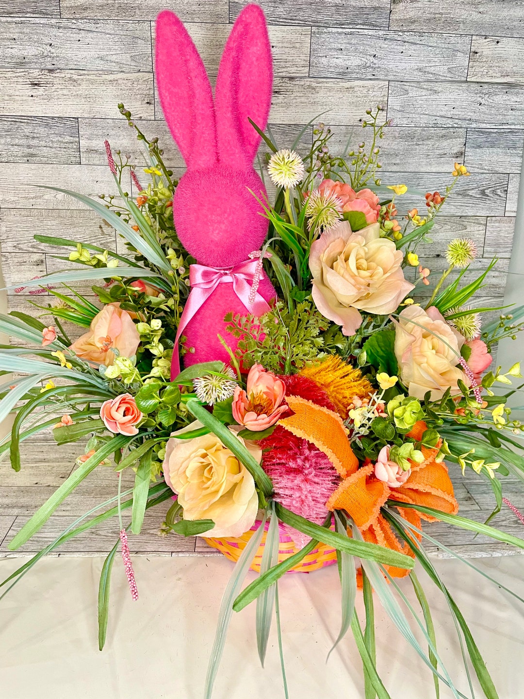 Flocked Easter Bunny Centerpiece Easter Bunny Floral Arrangement Spring Centerpiece Tabletop