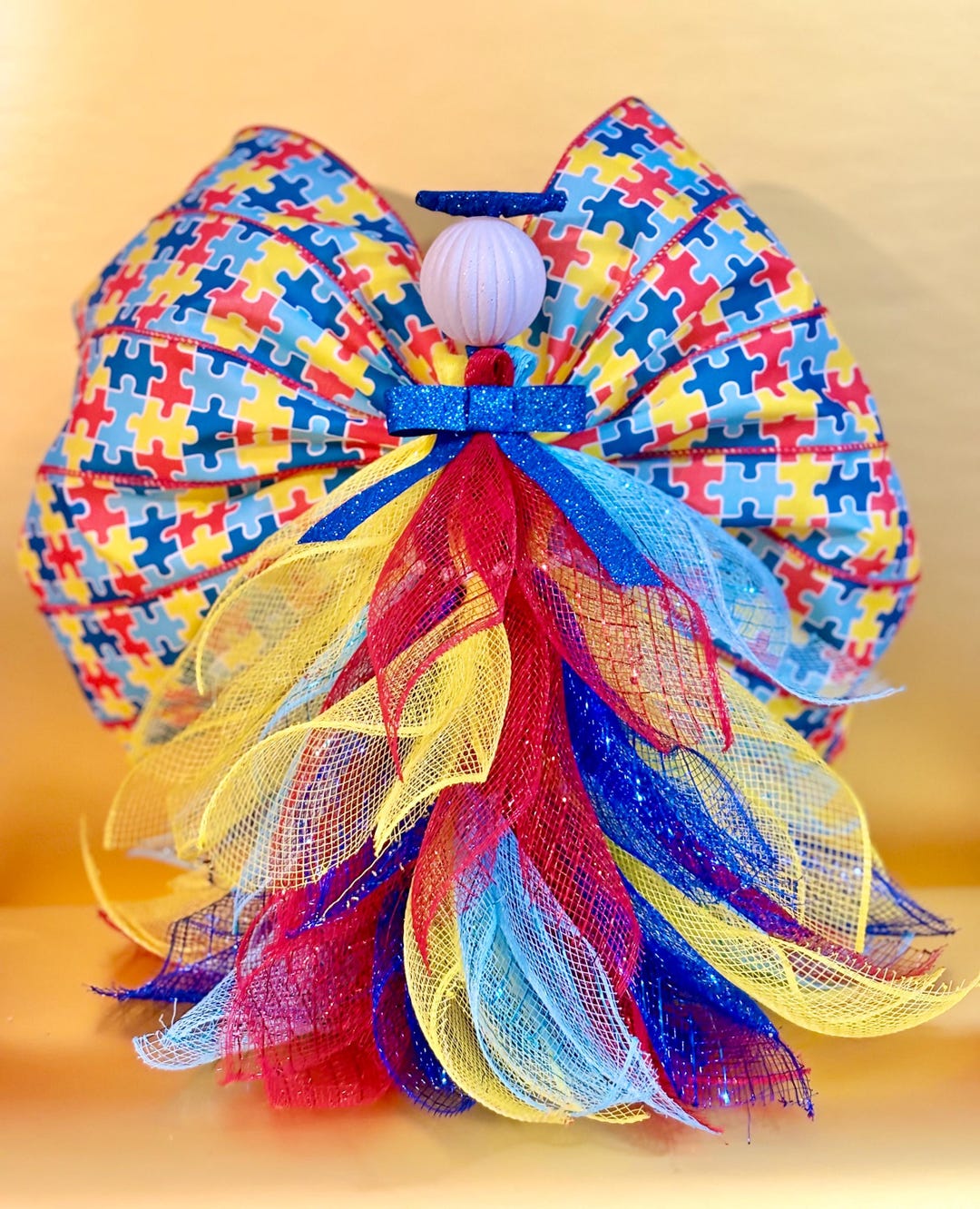 Autism Awareness Angel Figurine: Colorful Deco Mesh, Puzzle Piece Wings ...