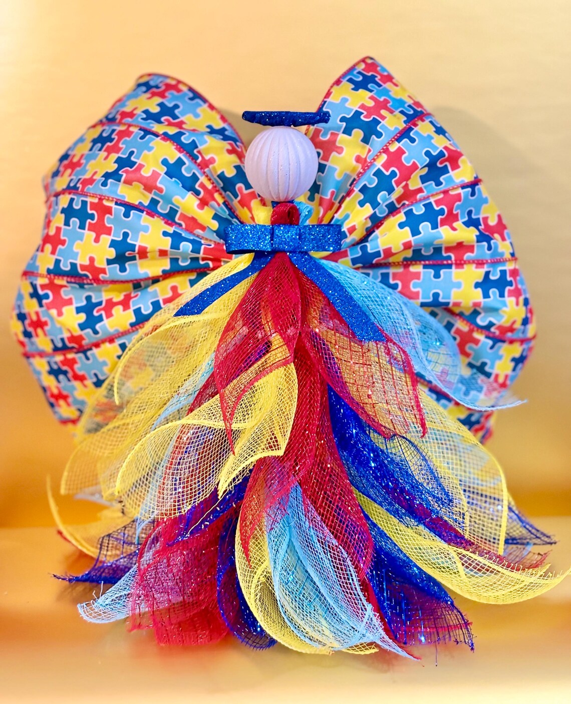 Autism Awareness Angel Figurine: Colorful Deco Mesh, Puzzle Piece Wings ...