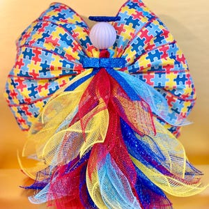 Autism Awareness Angel Figurine: Colorful Deco Mesh, Puzzle Piece Wings ...