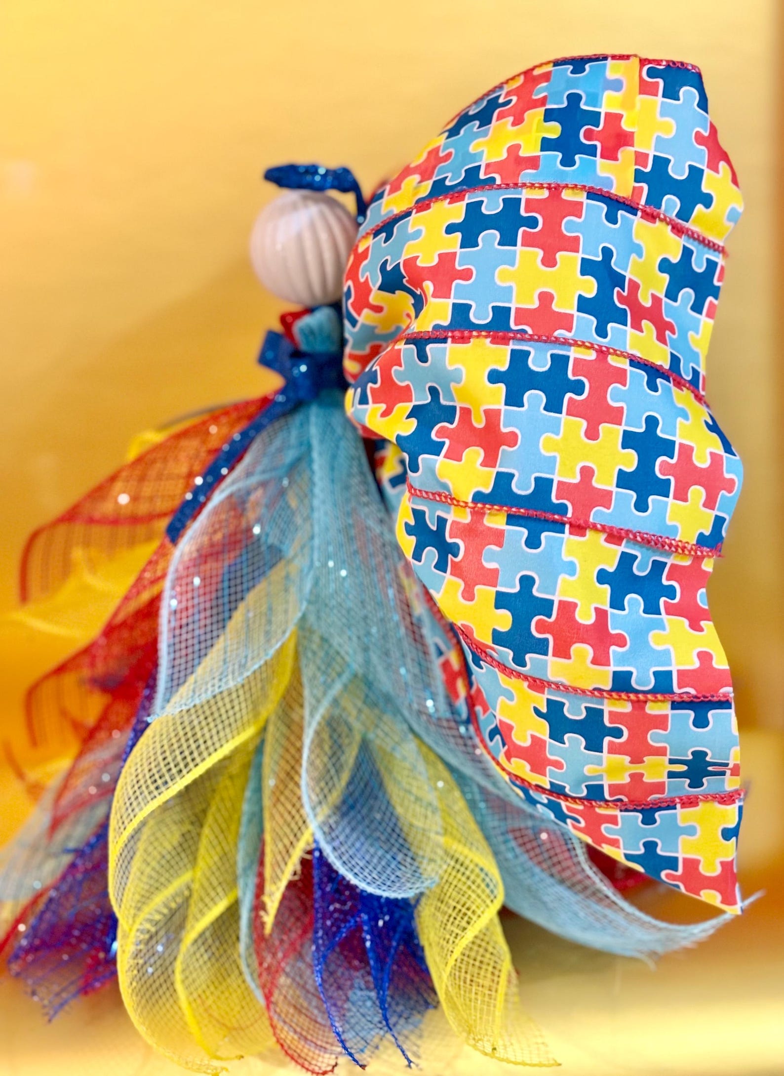 Autism Awareness Angel Figurine: Colorful Deco Mesh, Puzzle Piece Wings ...