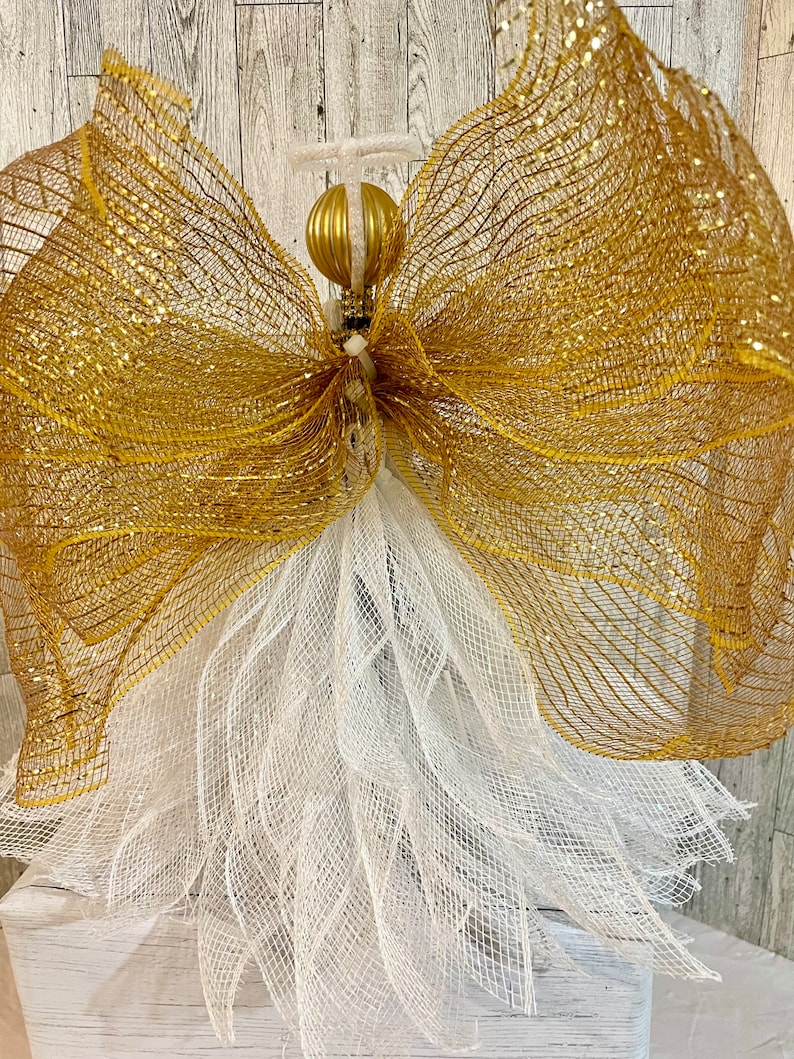 Christmas Angel Tree Topper. White and Gold Deco Mesh Angel - Etsy