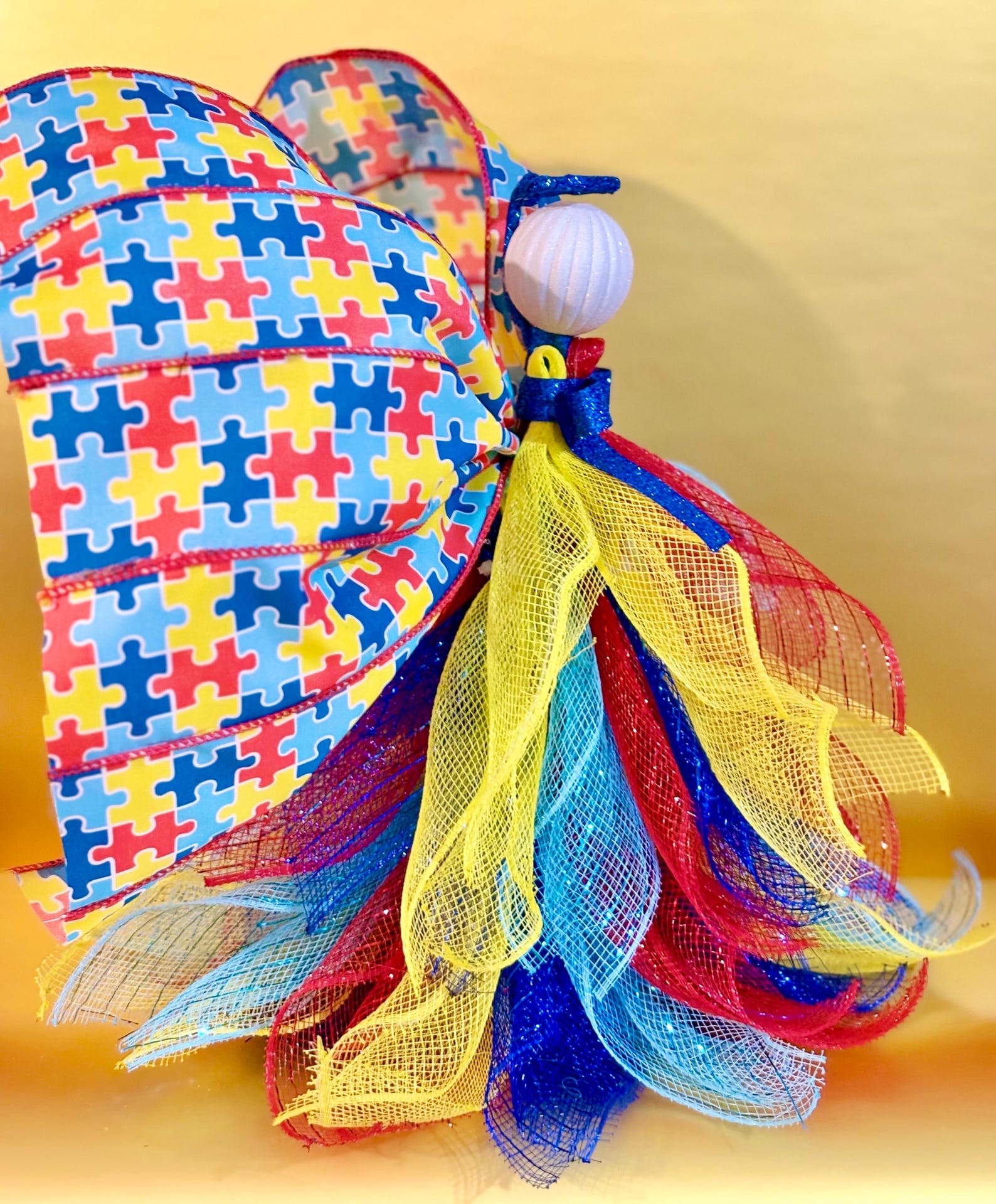Autism Awareness Angel Figurine: Colorful Deco Mesh, Puzzle Piece Wings ...