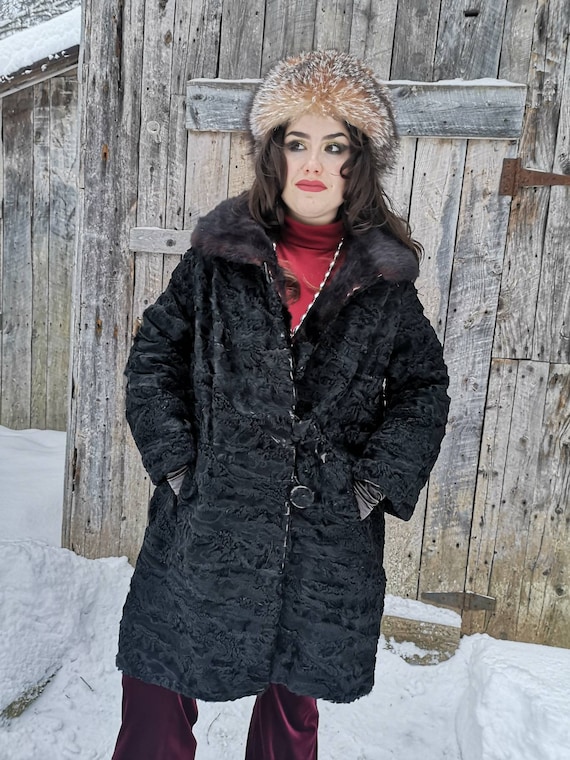 1960s long black broadtail fur coat with mink collar - Gem