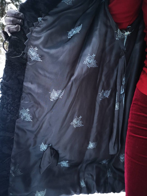 1960s long black broadtail fur coat with mink collar - Gem