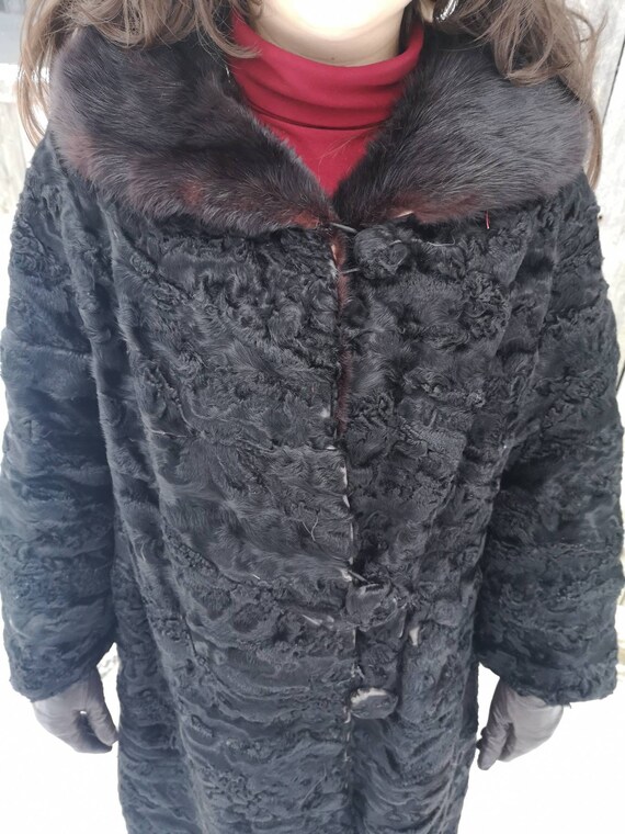 1960s long black broadtail fur coat with mink collar - Gem