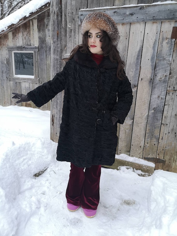 1960s long black broadtail fur coat with mink collar - Gem