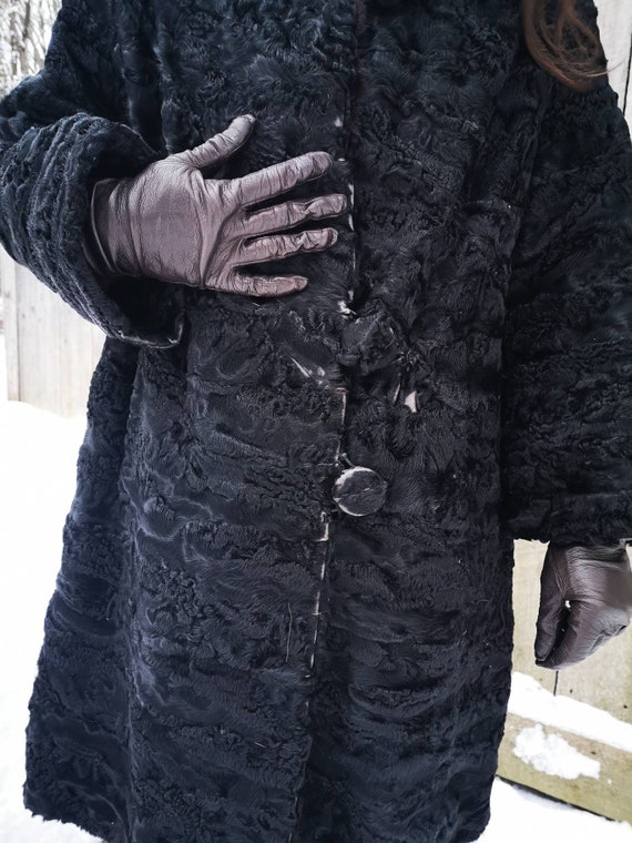 1960s long black broadtail fur coat with mink collar - Gem