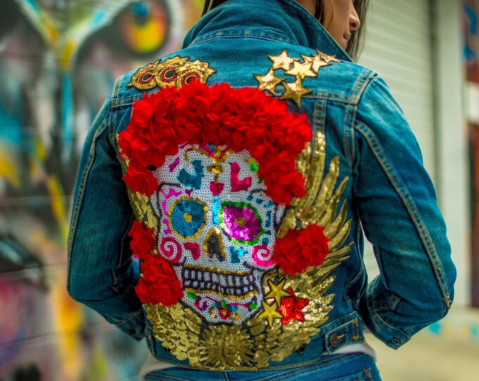 Custom Embellished Skull Embroidered Patched Denim Jacket - Etsy