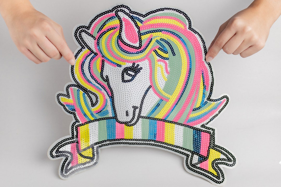 Big Rainbow Unicorn Sequin Embroidery Applique Patch, DIY Fabric Sewing on Glue on Patches for ...