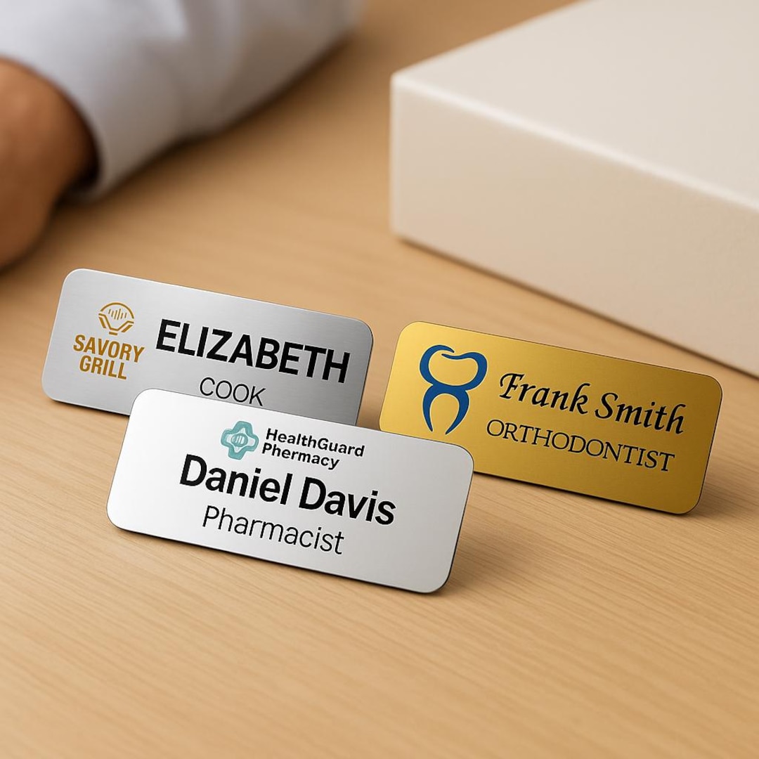 Custom Acrylic Name Tag: Brushed Metal Finish, Logo Option - Etsy
