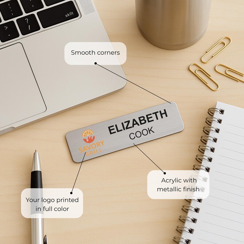 Custom Acrylic Name Tag: Brushed Metal Finish, Logo Option - Etsy