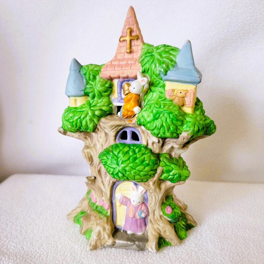 Easter Tree House With Bunnies, Village, Porcelain, Light Up, MINT - Etsy