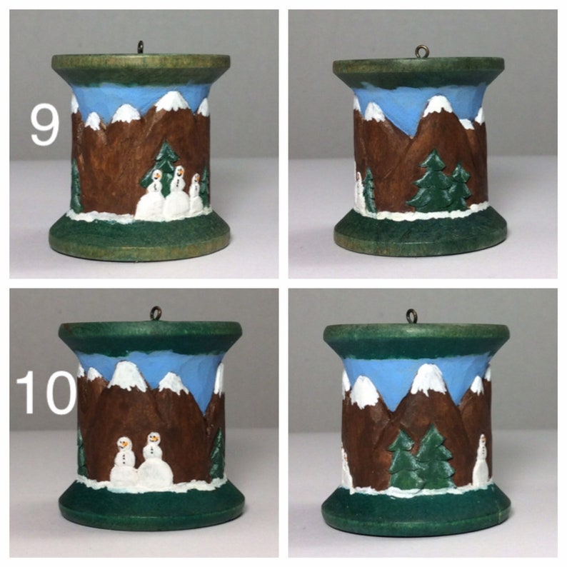 Hand Carved Wood Snowman With Scenery Vintage Ornament Spools (B38) - Etsy