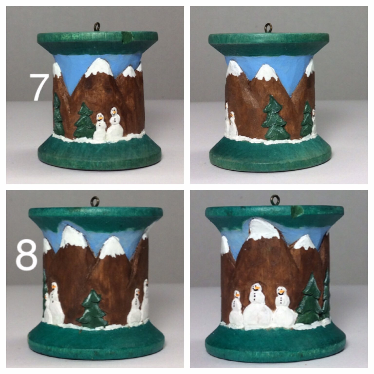 Hand Carved Wood Snowman With Scenery Vintage Ornament Spools (B38) - Etsy