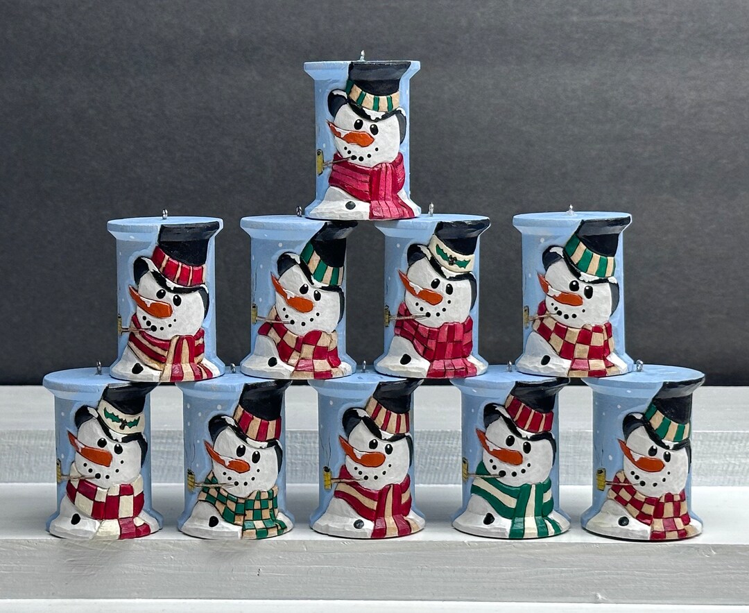 Hand Carved Wood Spool Snowmen Ornament (C46) - Etsy