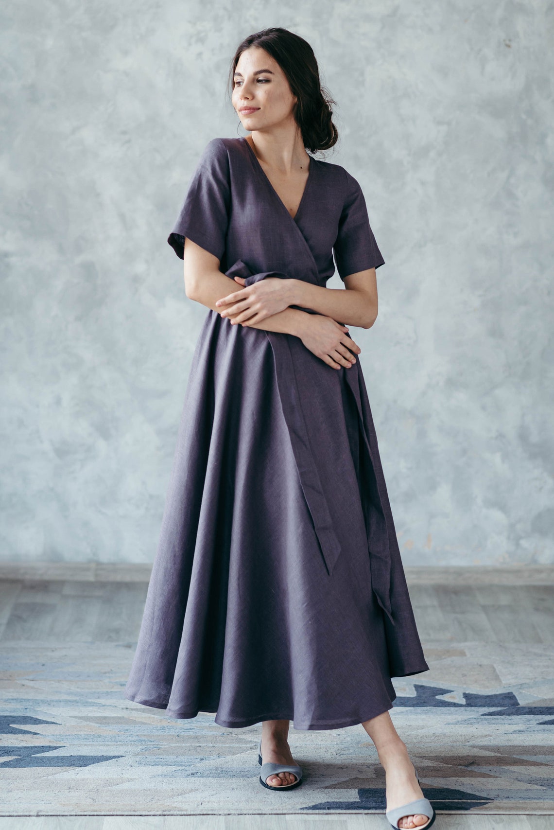 Midi Linen Dress Wrap Dress Full Skirt Dress Midi Summer | Etsy