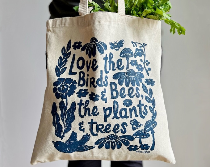 Illustrated Nature Tote Bag Floral Birds Bees Plants Tree Heavy Duty ...