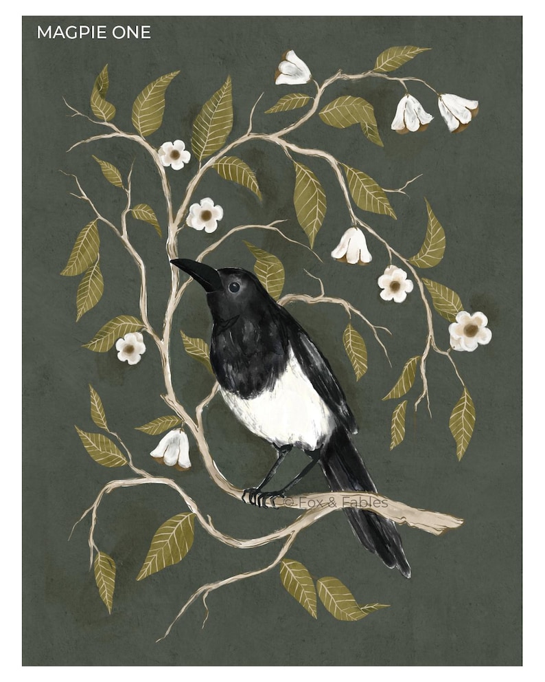 Tale of Two Magpies Art Prints, Bird Floral Painting Wall Decor ...