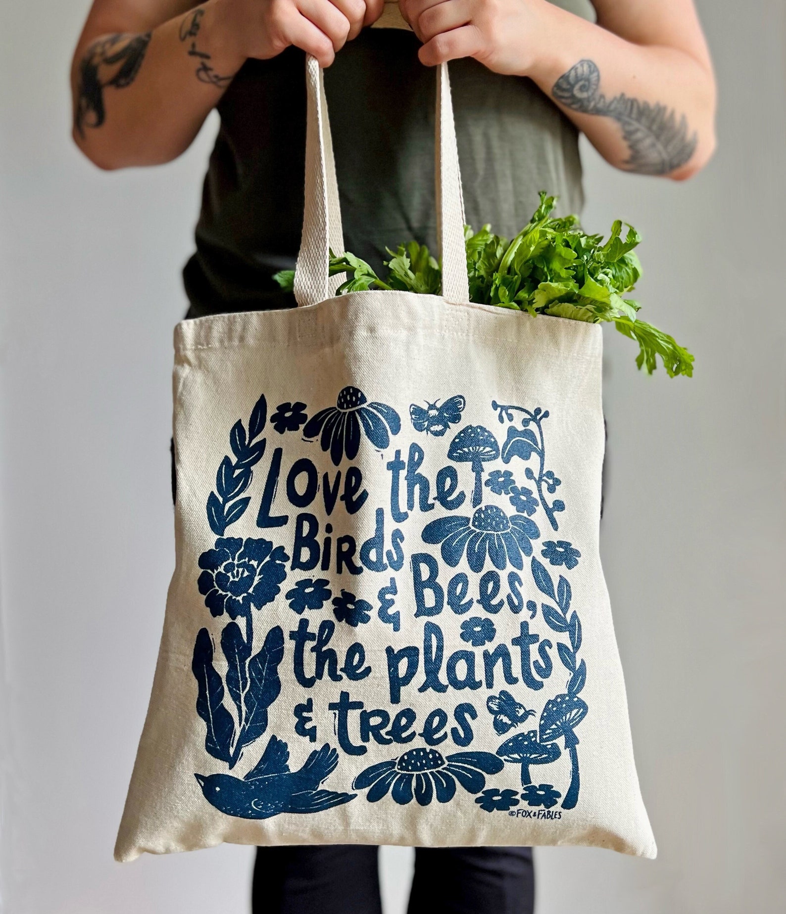Illustrated Nature Tote Bag Floral Birds Bees Plants Tree Heavy Duty ...