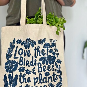 Illustrated Nature Tote Bag Floral Birds Bees Plants Tree Heavy Duty ...