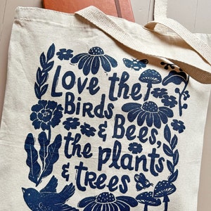 Illustrated Nature Tote Bag Floral Birds Bees Plants Tree Heavy Duty ...