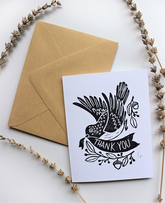 Block Printed Thank You Cards-blank Inside Linocut Birds | Etsy