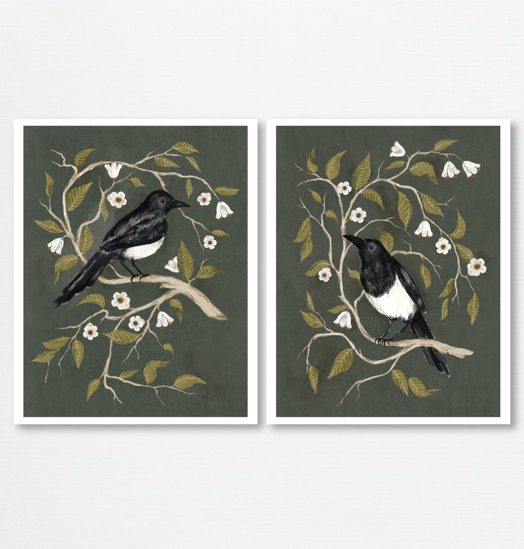 Tale of Two Magpies Art Prints, Bird Floral Painting Wall Decor ...