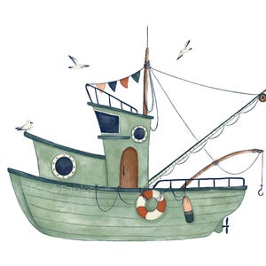 Fish Boat Ship Illustration Print | Whimsical Art Gouache Painting ...