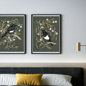 Tale of Two Magpies Art Prints, Bird Floral Painting Wall Decor ...