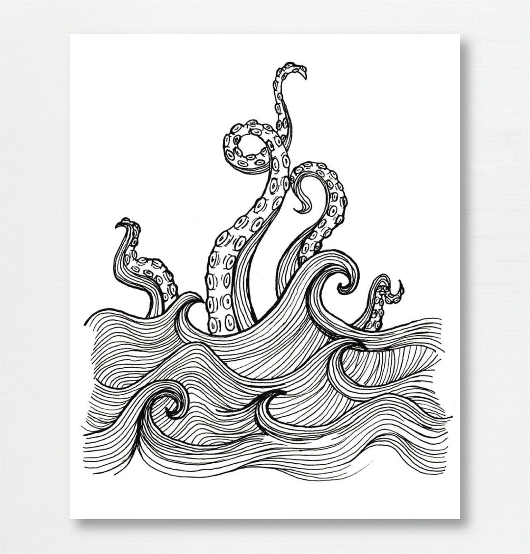 Octopus Ink Illustration Print: Nautical Sea Monster Art, Small ...