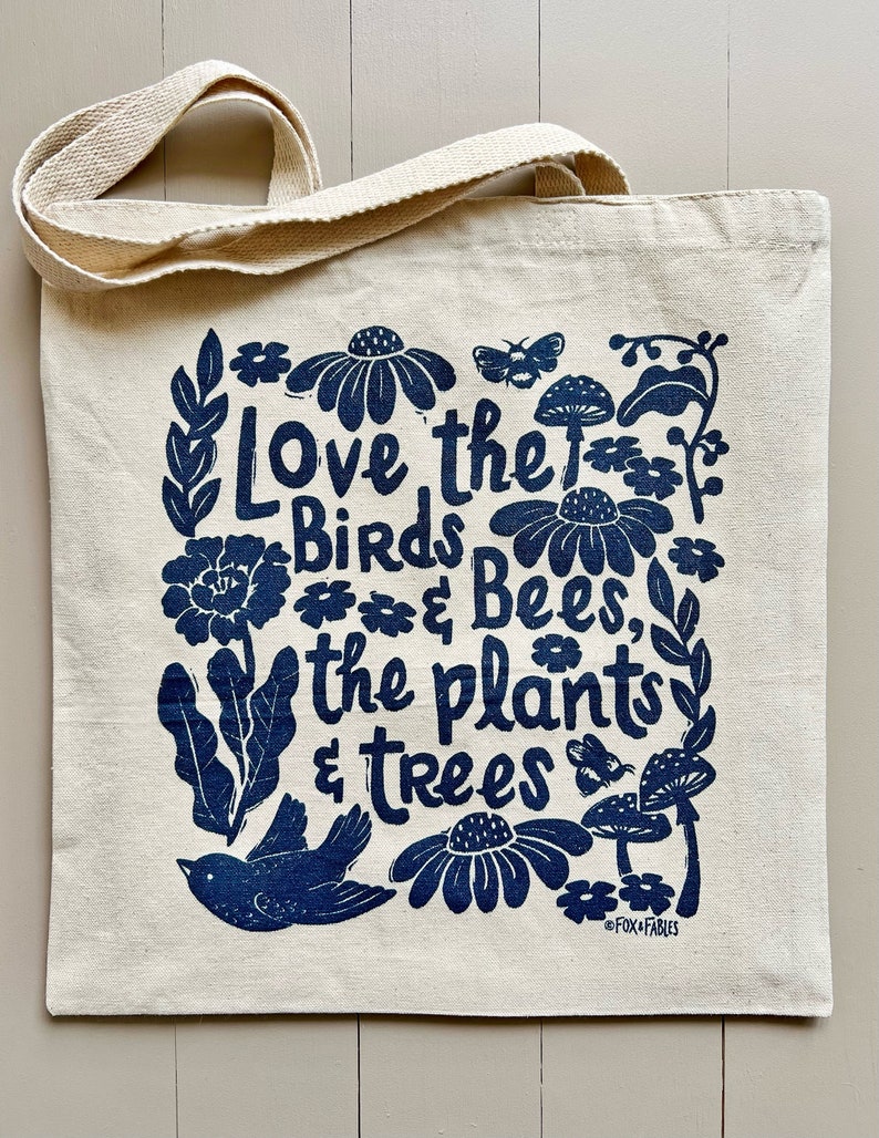 Illustrated Nature Tote Bag Floral Birds Bees Plants Tree Heavy Duty ...