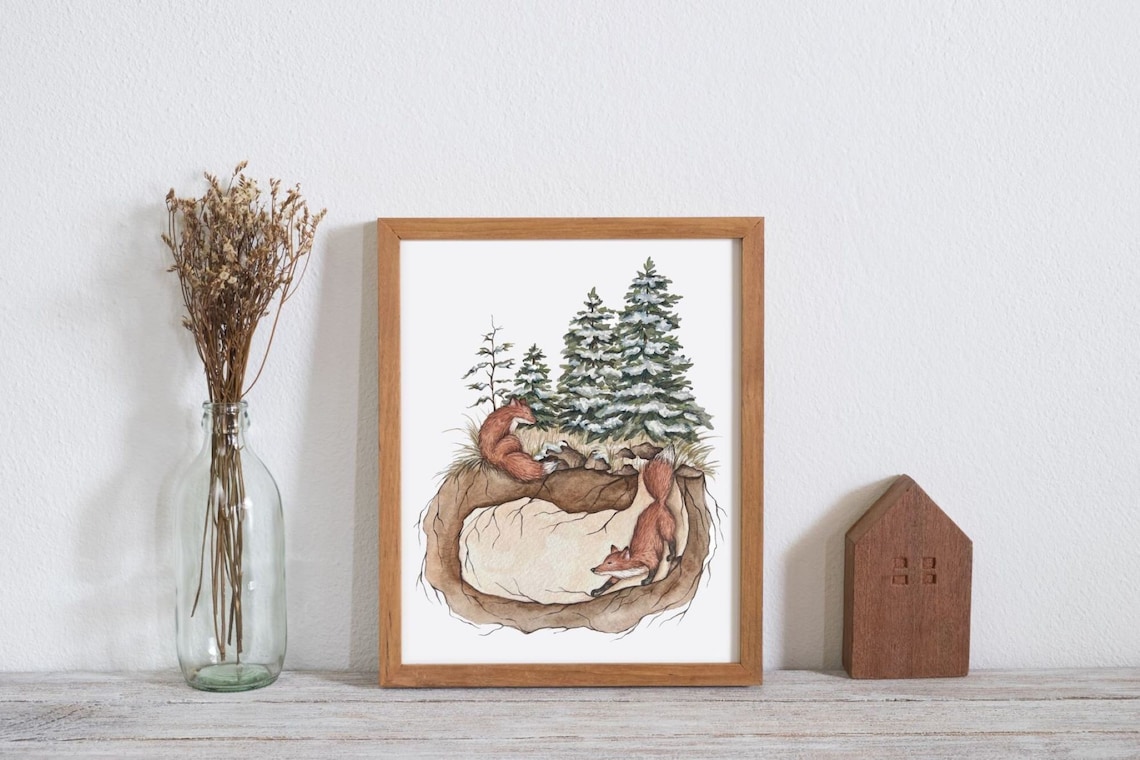 Forest Fox Den Illustration Print Woodland Floral - Etsy
