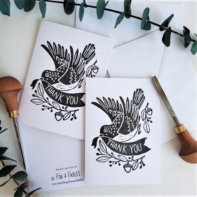 Block Printed Thank You Cards, Blank Inside Linocut Birds, Handmade ...