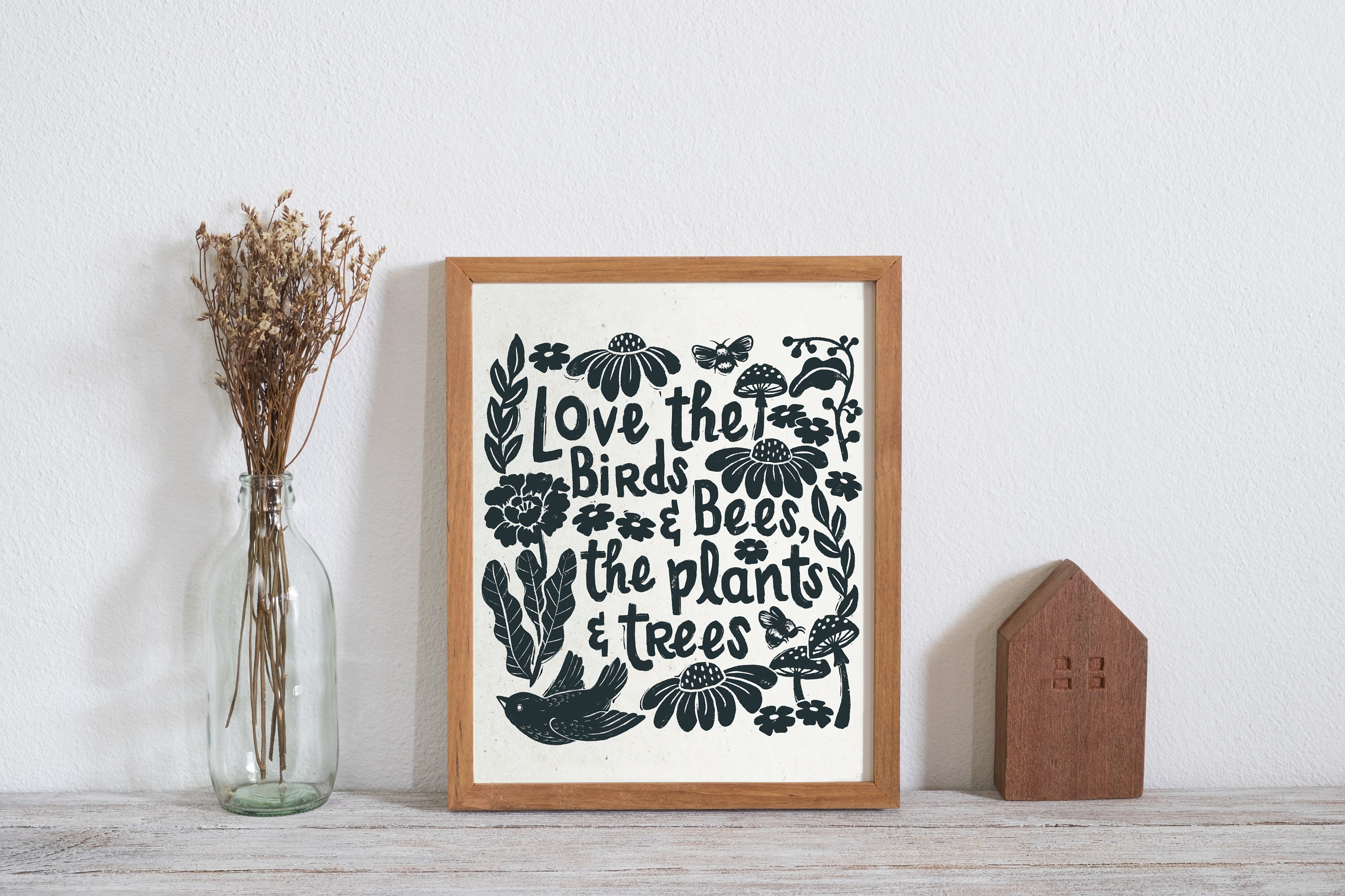 Love Birds & Bees Graphic Lettering Art Print: Woodcut Style Nature ...