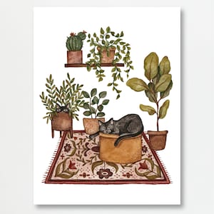 Cats Plants Cozy Art Print | Hygge Home Body Artwork | Whimsical Folk ...