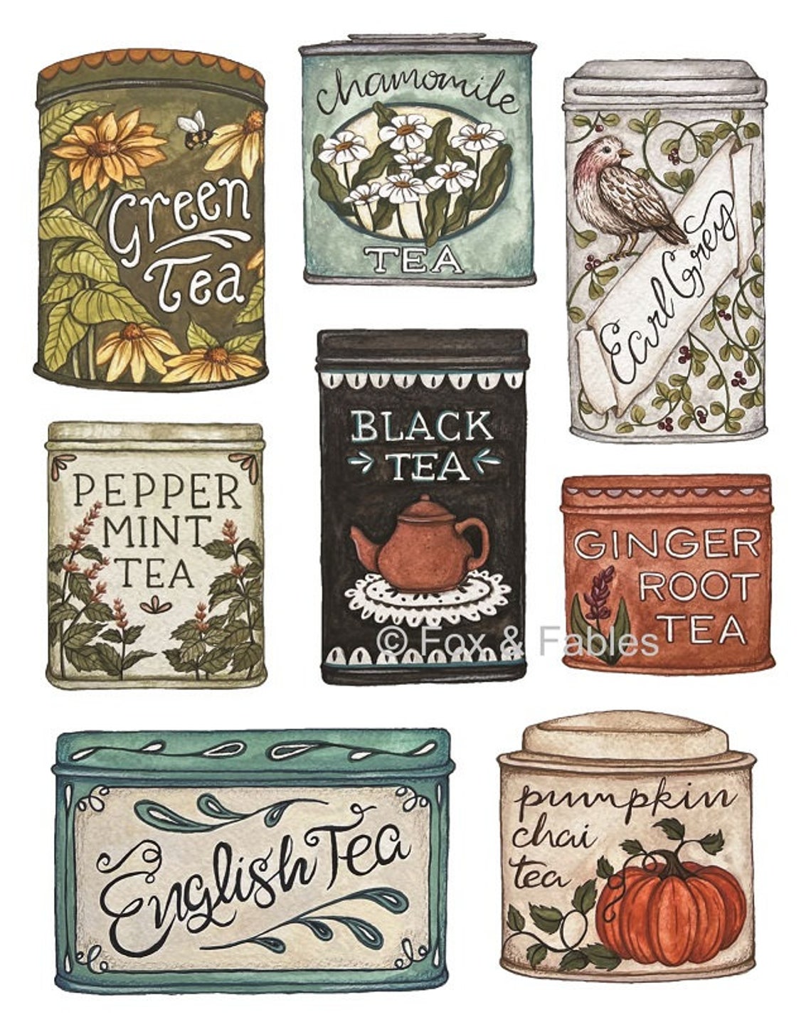 Vintage Tea Tins Illustration Print Tea Lover Gouache - Etsy