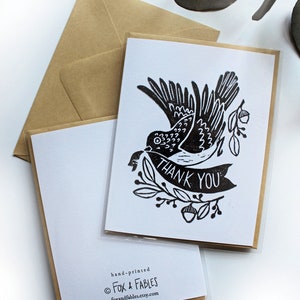 Block Printed Thank You Cards, Blank Inside Linocut Birds, Handmade ...