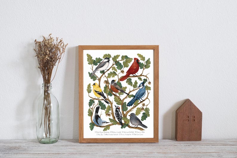 Backyard Birds Oak Tree Illustration | Nature Wall Art Print | Colorful ...