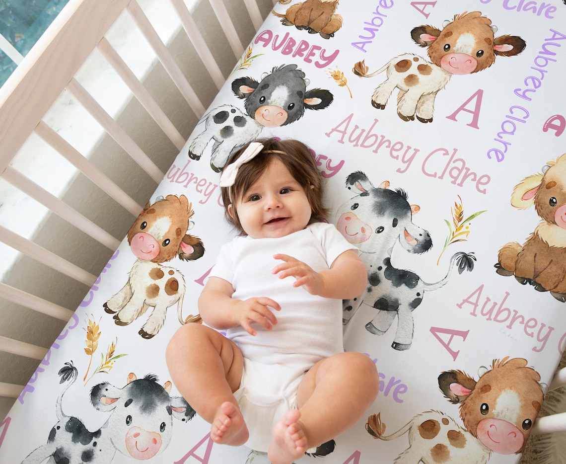 Cow Crib Sheet, Personalized Cow Crib Bedding, Baby Girl Crib Sheet ...